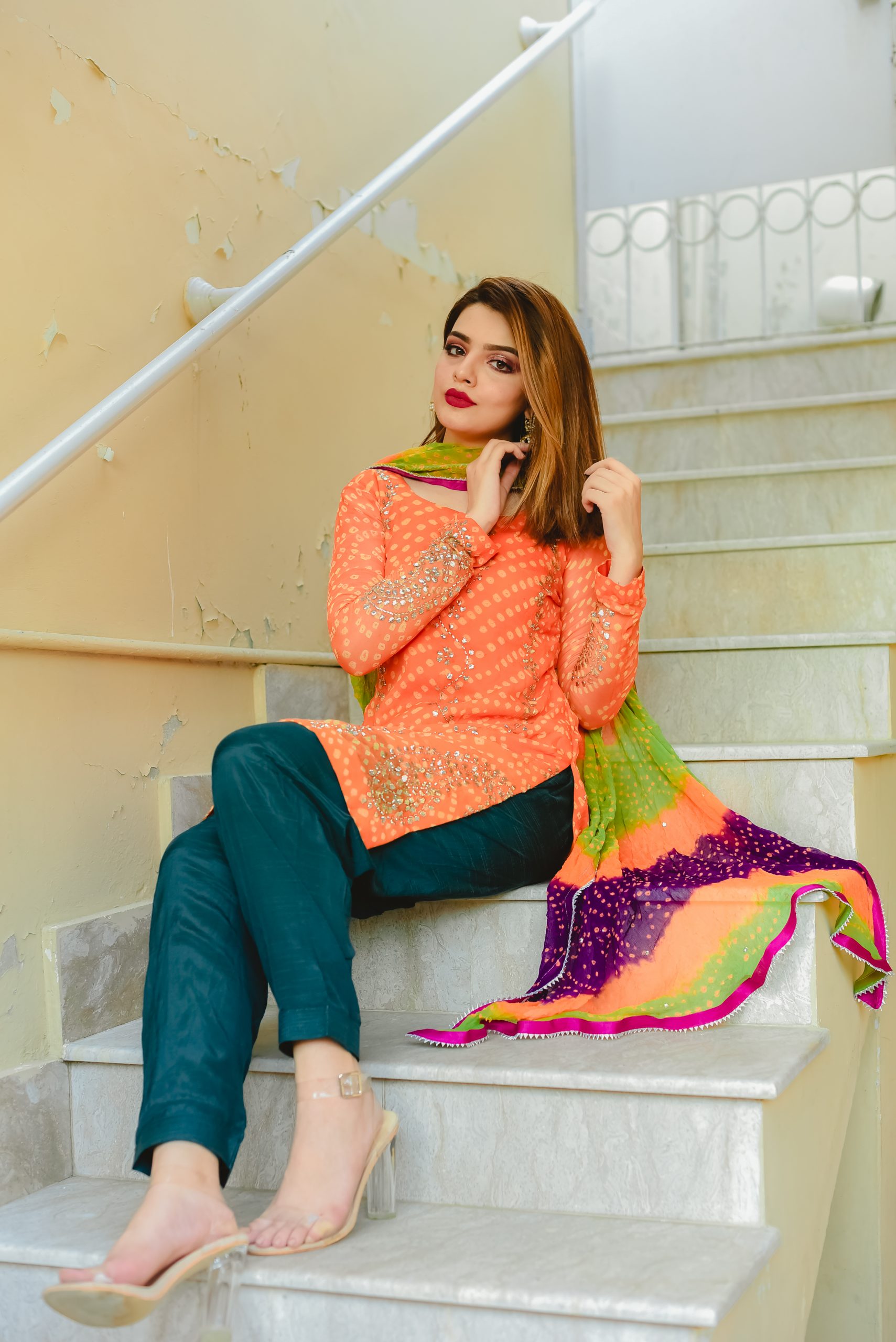 SOLID ORANGE KAMDANI WORK KURTA SHALWAR SET WITH CHUNRI DUPATTA – Saad ...